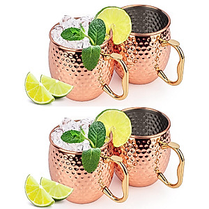 Moscow Mule Mugs | Thumb Rest Gold Brass Handles | Large Size 19 ounces | Set of 4 Hammered Cups | Stainless Steel Lining | Pure Copper Plating | Gift Set