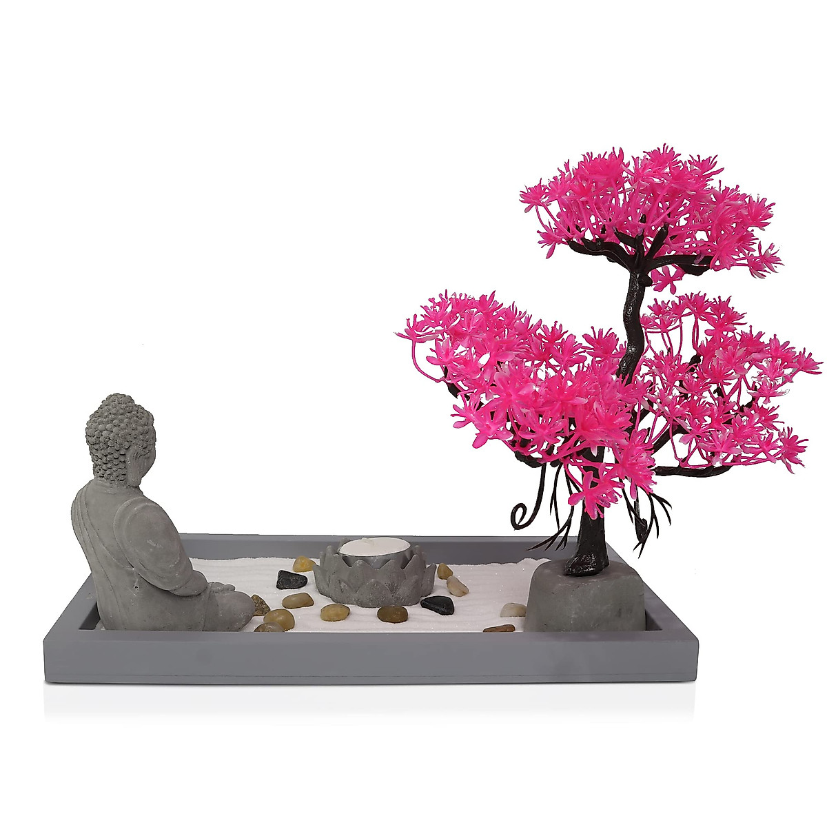 Japanese Zen Garden Lotus Candle Holder - Mini Pink Bonsai Garden with Buddha Statue or Relaxation and Meditation - Perfect Home Desk Decor and Gift Set - Gray, 8.75" x 12.5" x 9"
