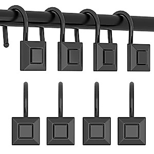 GILLAS Shower Curtain Decorative Hooks, Set of 12 Shower Curtain Rod Rings for Bathroom Rust Resistant Square, Black