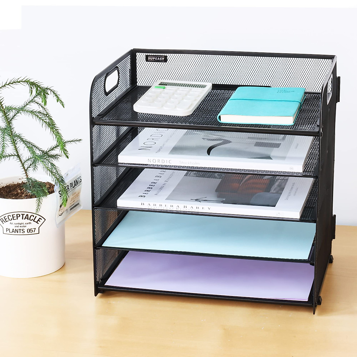Supeasy 5 Trays Paper Organizer Letter Tray with Handle-Mesh Desk File Organizer,Black Paper Sorter Desk Organizer for Office,Home or School