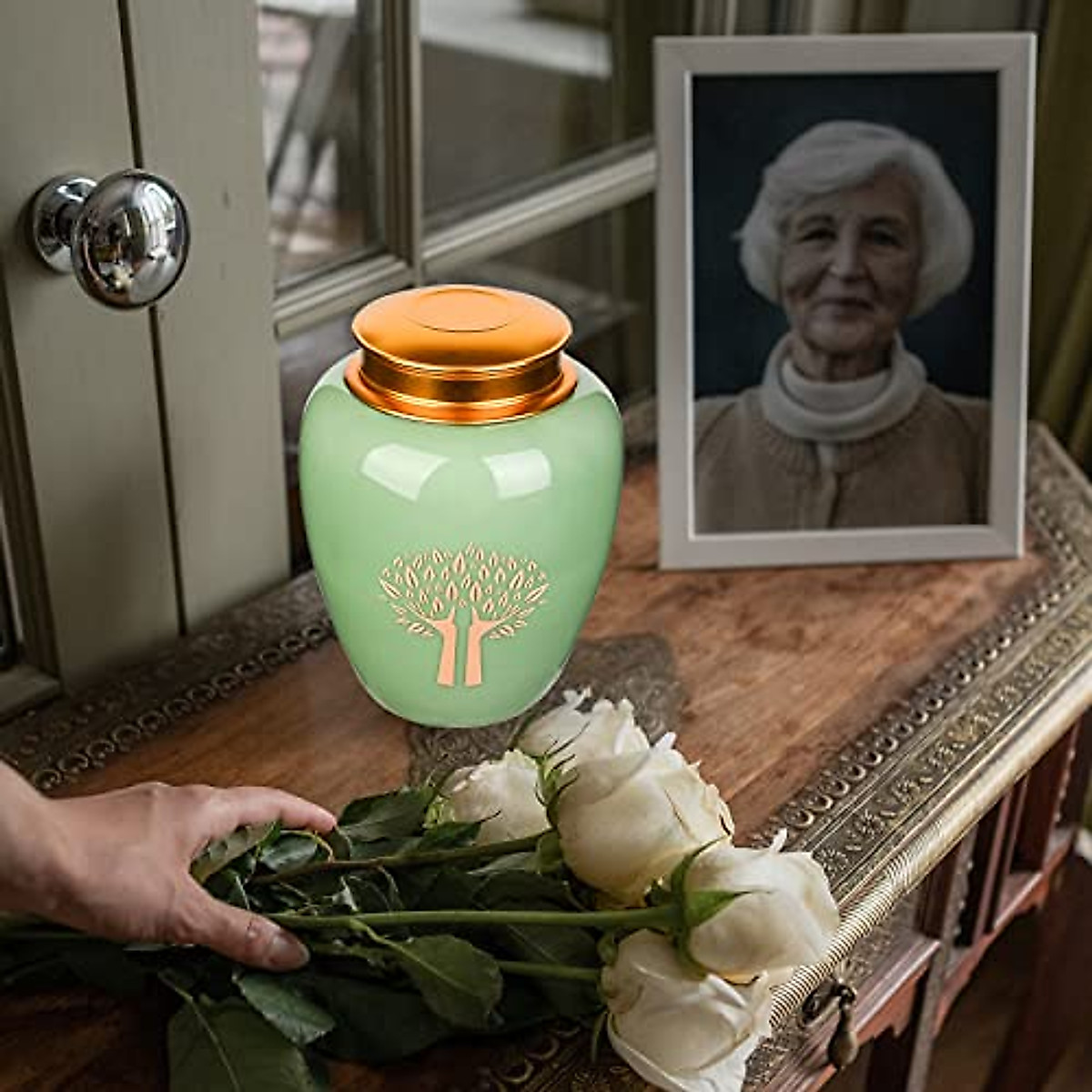 Stylitzy Medium Urn for Human Ashes,Decorative Ceramic Cremation Urn for Human or Pet Ashes,Small Keepsake Urn for Sharing Ashes Hold Up to 65 Cubic Inch,Tree of Life Design Memorial Urns (Green)
