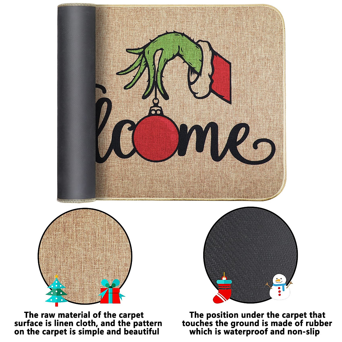 Erweicet Christmas Door Mat Xmas Welcome Christmas Mat Non-Slip and Washable Winter Doormat Rubber Back Snowflakes Door Mat Rugs for Indoor Outdoor(Green Hand Pattern)