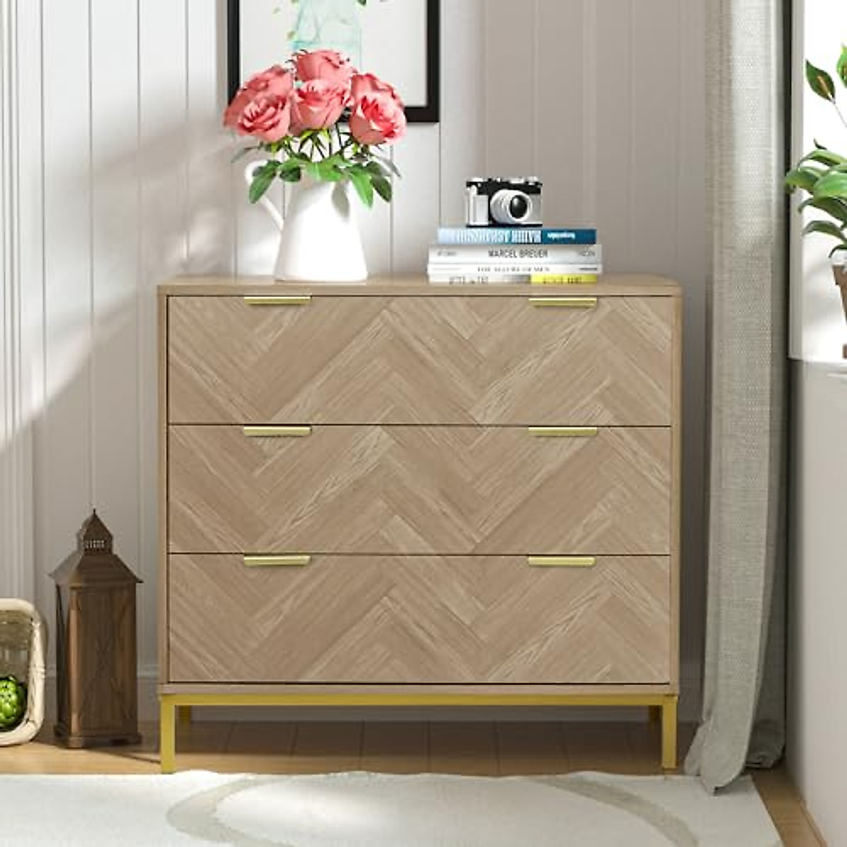 Anmytek Modern 3 Drawer Chest Dresser, Mid Century Natural Oak Organizer Bedroom Furniture with Gold Metal Legs H0037