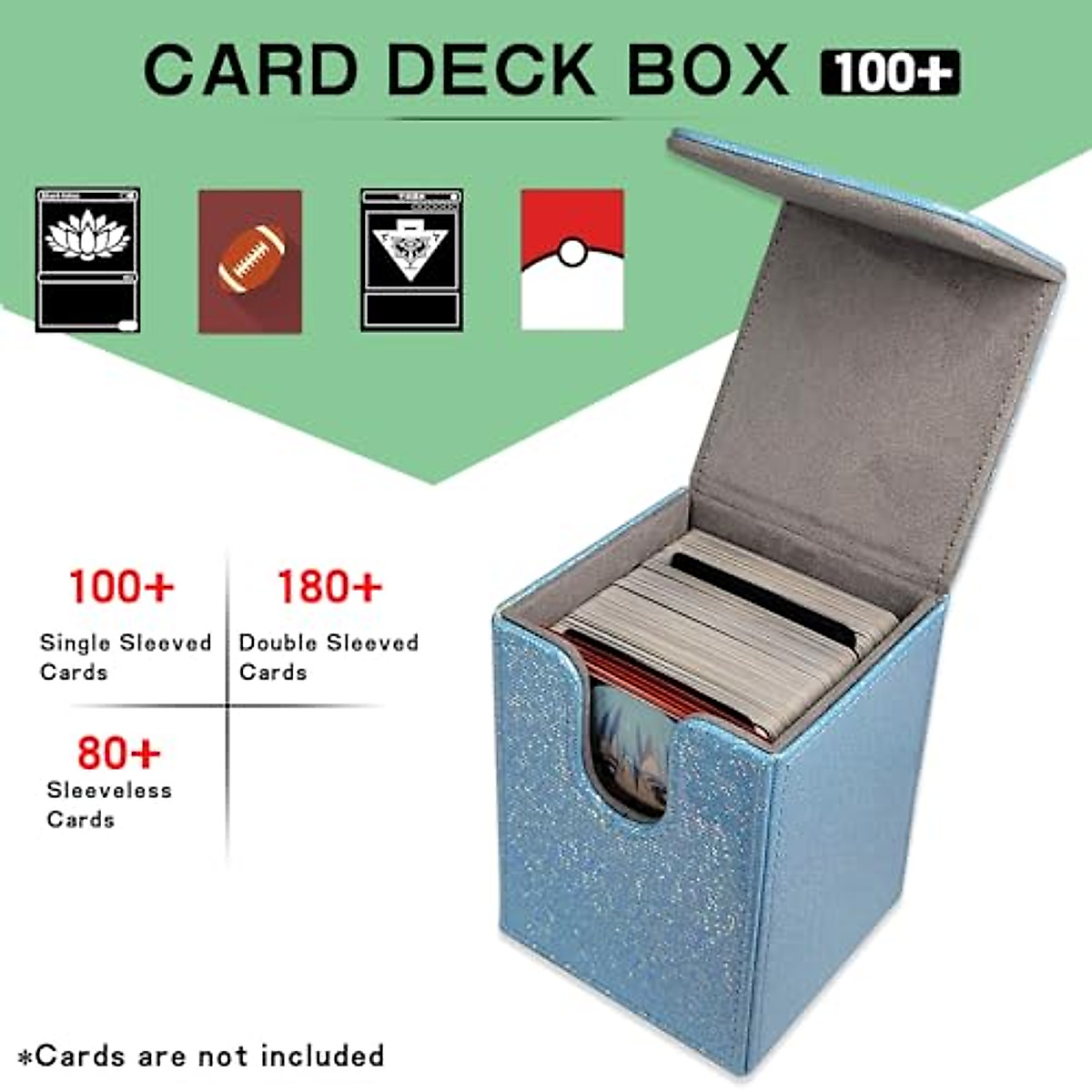 Dmoicols Sparkly Card Deck Box Holds 100+ Single Sleeved Cards,Leather Card Storage Case,MTG Commander Deck Box with 2 Dividers fit TCG CCG Magic Cards Vertical (Sparkly Light Blue Point)