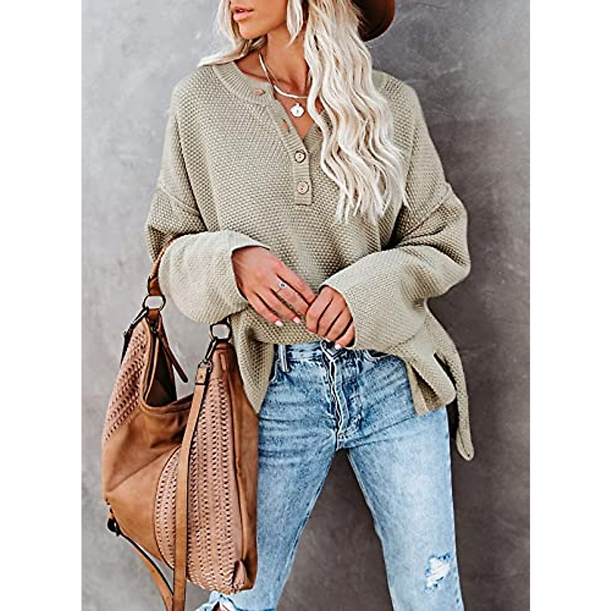 SHEWIN Sweaters for Women Trendy Waffle Knit Long Sleeve Button V Neck Loose Tops,(US 18-20) 2XL,Khaki