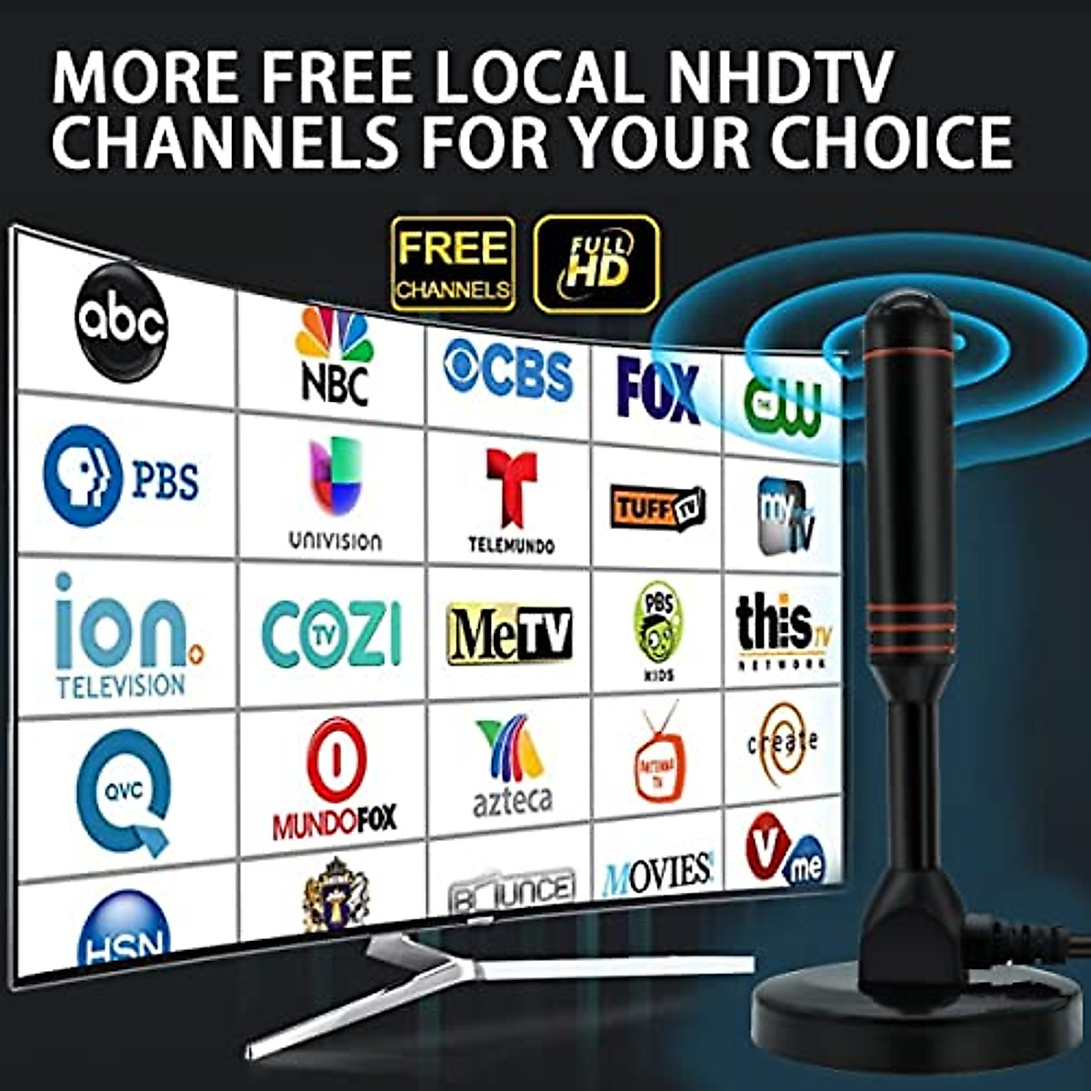 Digital HDTV Antenna - Powerful Magnetic Base - Coaxial Cable/AC Adapter - 60+ Mile Signal Reception Range - Indoor or Outdoor HDTV Antenna Support 4K 8K 1080P All TV's