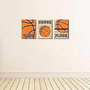 Big Dot of Happiness Nothin' but Net - Basketball - Kids Bathroom Rules Wall Art - 7.5 x 10 inches - Set of 3 Signs - Wash, Brush, Flush