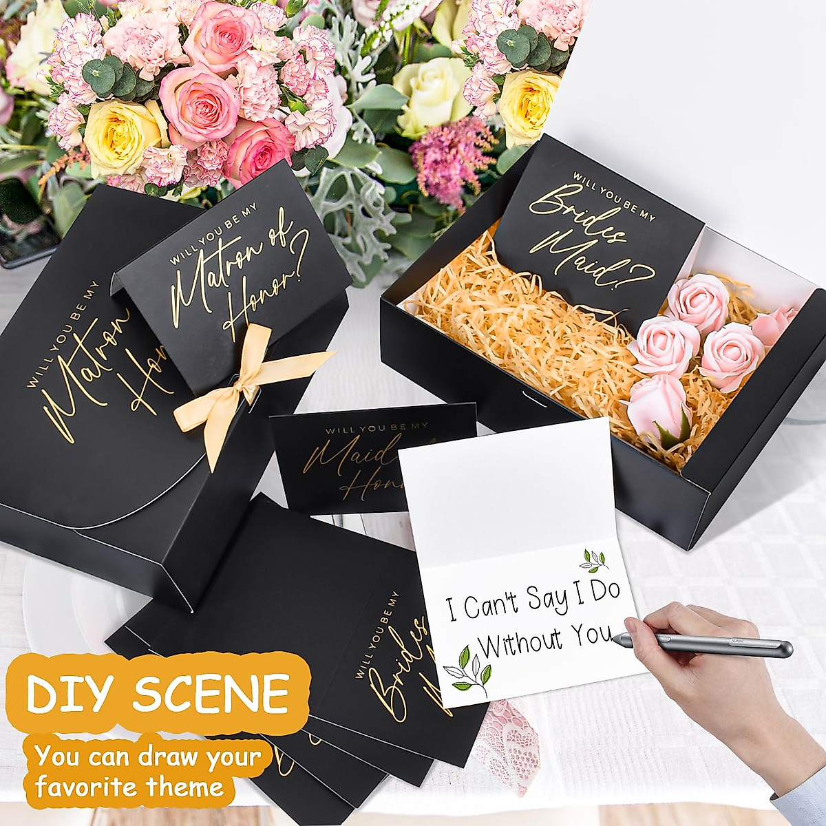 WLUSEAXI 16 Pieces Bridesmaid Proposal Box Set, 8 Pack Bridesmaid Boxes & Cards, Matron of Honor Proposal Gift Box, Maid of Honor Box, Will You be My Bridesmaid Box for Bridesmaids Gifts (Black)