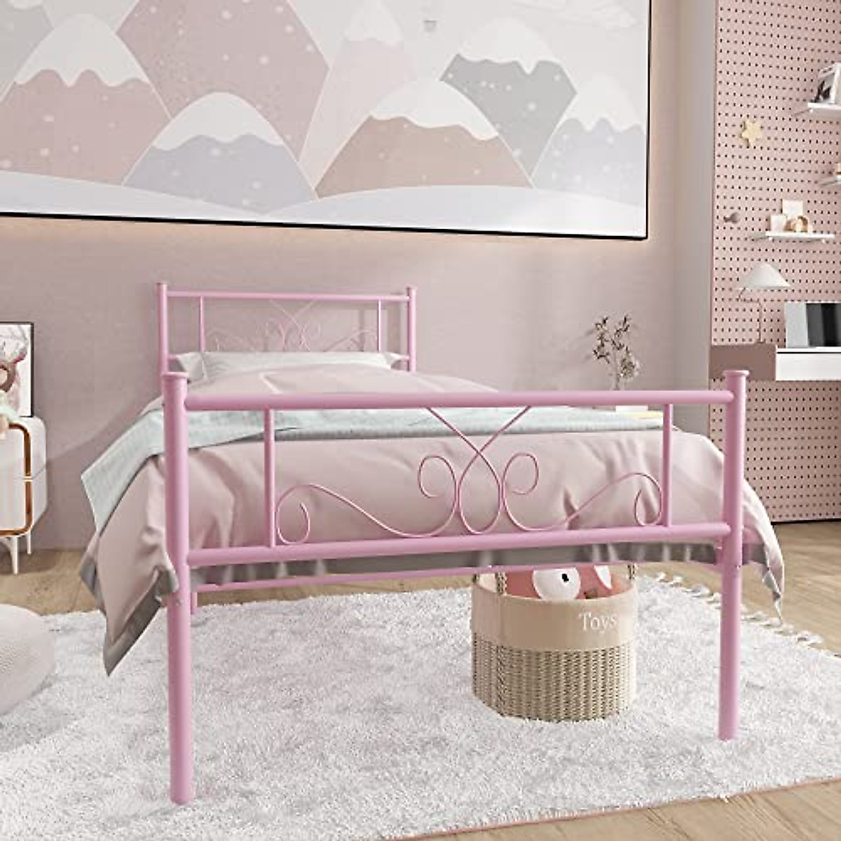 Weehom Platform Steel Bed Frame with 6 Legs Mattress Foundation Heavy Duty Bed Steel Slat Support Easy Assemble Kids Adults(Twin Size),Pink