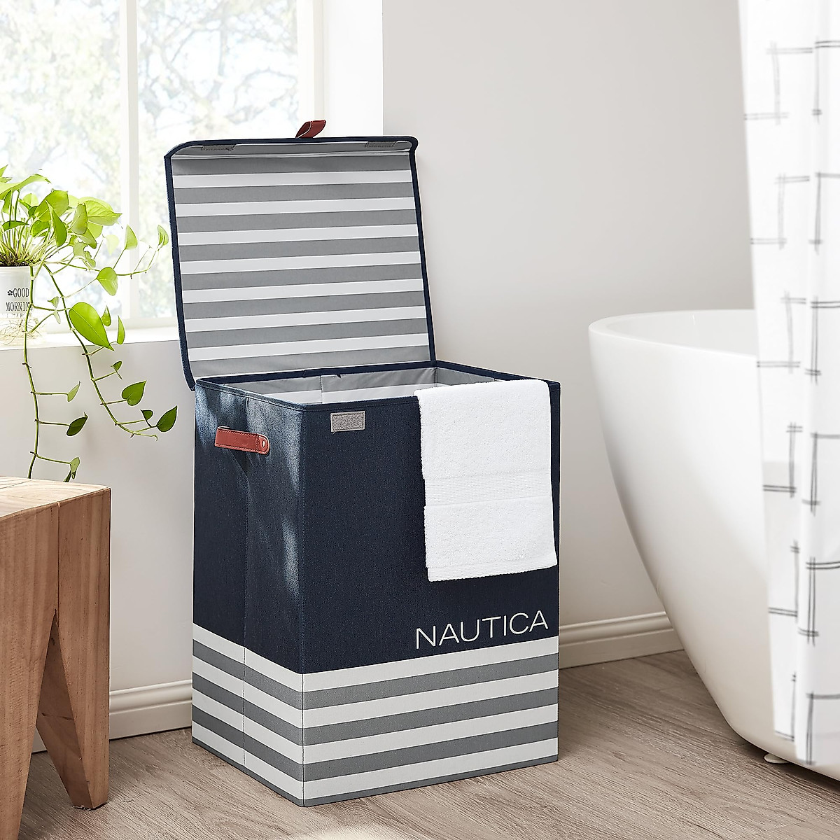 Nautica - Laundry Basket, Foldable Hamper & Storage Bin with Lid, Closet Organizers, Home Essentials (Navy Stripe)