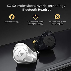 KZ S2 Hybrid Dual Driver in Ear Earphones, TWS True Wireless Bluetooth 5.0 Earbuds with Microphone, 1DD+1BA HiFi Headsets for Sports/Workout/Game/Music (White)