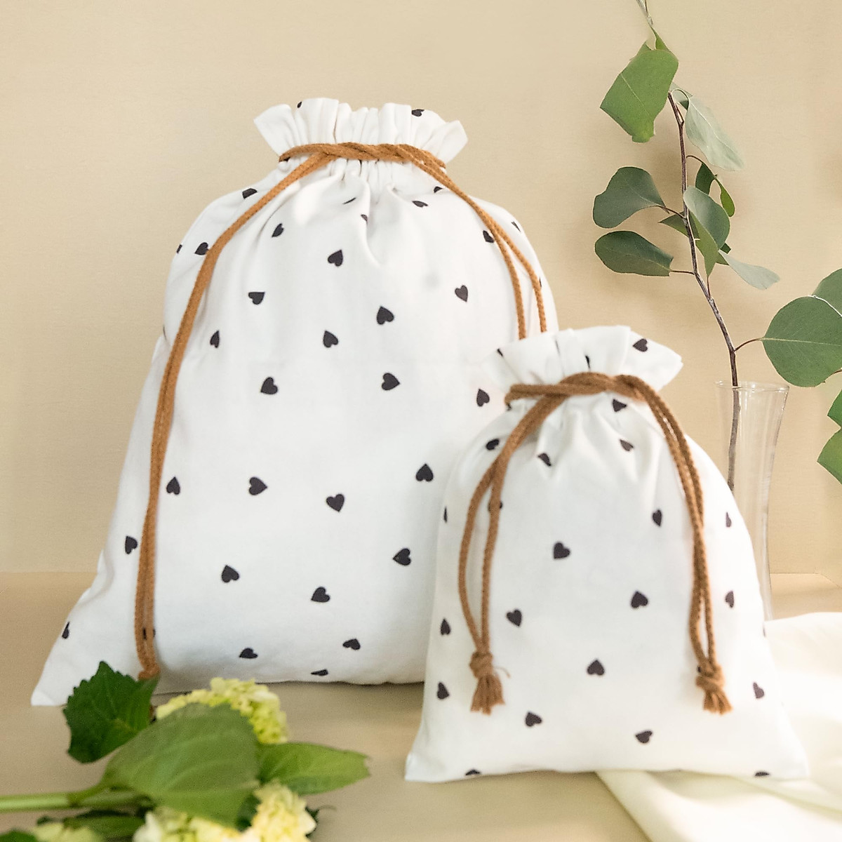 Gather & Knot Drawstring Gift Bags | 20" Large 12" Small | Premium Canvas | Gender Neutral Reusable Fabric Wrap for Wedding, Anniversary, Baby Shower or Birthdays | Heart