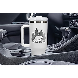 Elanze Designs Papa Bear Forest Trees Dad Grandpa 40 oz. Stainless Steel, Large Water Bottle Coffee Mug, Spill & Leak Resistant, Thermal Travel Tumbler with Handle, Lid & Straw, White