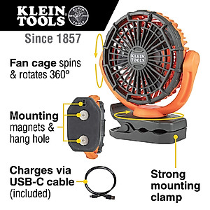 Klein Tools PJSFM1 Cordless Rechargeable Fan with USB-C Charging Cord and Multiple Mounting Options Perfect for the Jobsite