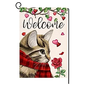 Valentines Cat Garden Flag 12x18 Vertical Double Sided Welcome Red Pink Love Heart Floral Farmhouse Spring Holiday Outside Decorations Burlap Yard Flag BW238