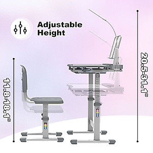 YBLFDY Kids Desk Multi Functional Kids Study Desk with 40 Degree Tilt-able Desktop Height Adjustable Kids School Desk for Kids,Children Desk Set as Christmas, Bithday Gift, Grey
