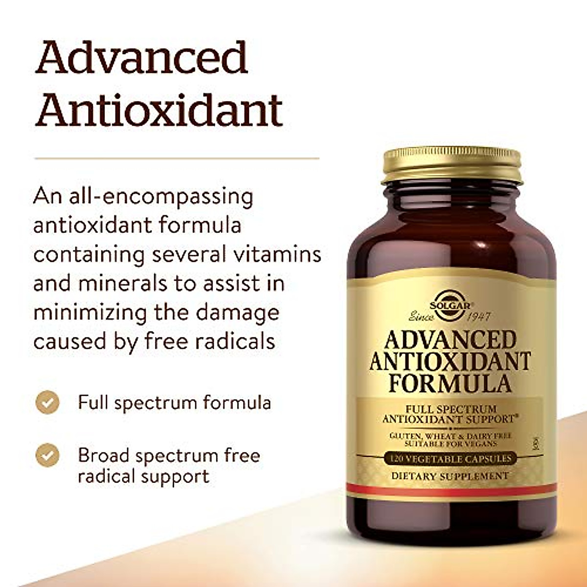 Solgar Advanced Antioxidant Formula, 120 Vegetable Caps - Full Spectrum Antioxidant Support - Contains Zinc, Vitamin C, E & A - Immune System Support - Vegan, Gluten Free, Dairy Free - 60 Servings