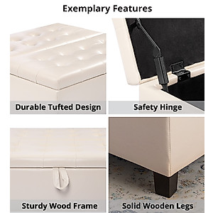 Charlotte 35 Inch Large Square Storage Ottoman Cube Bench, Tufted Upholstered Lift Top Coffee Table Ottoman with Storage, Oversized Dorm Storage Ottomans, Toy Box, Footrest for Living Room - Cream