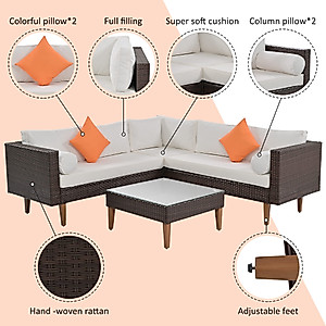 4-Pieces Outdoor PE Wicker Sofa Set with Coffee Table, L-Shape Patio Sofa Set with Colorful Pillows and Solid Wood Legs, All Weather Rattan Waterproof Conversation Seat (Brown+Beige)