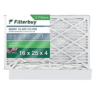 Filterbuy 16x25x4 Air Filter MERV 13 Optimal Defense (2-Pack), Pleated HVAC AC Furnace Air Filters Replacement (Actual Size: 15.38 x 24.38 x 3.63 Inches)