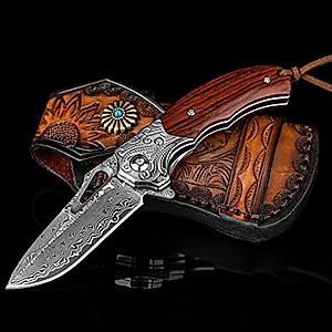 NedFoss Damascus Pocket Knife for Men, 6.5" Handmade Forged VG10 Damascus Steel Folding Knife with Retro Leather Sheath, Sandalwood Handle, EDC Cool Knives for Mens Gift