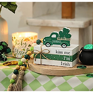 St. Patrick's Day Tiered Tray Decor, 1 St. Patrick's Wood Book Stack, 1 Bead Garland, I’m Irish Shamrock Mini Faux Decorative Books Bundle, Farmhouse St. Patrick's Party Table Mantle Decor