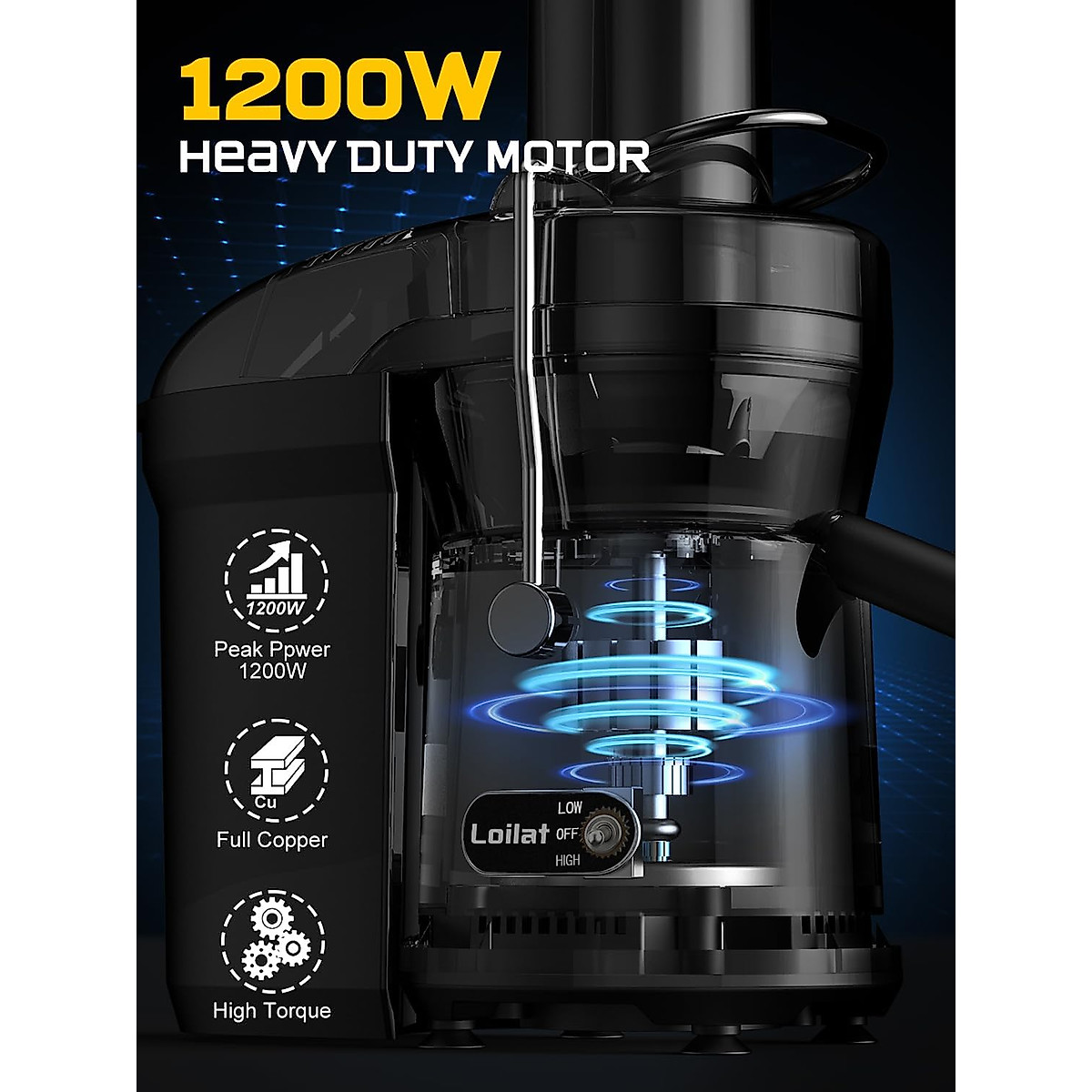Juicer Machine, 1200W Juicer with 3" Feed Chute for Whole Fruits and Veg, Dual Speeds Centrifugal Juice Extractor, High Juice Yield, Full Copper Motor, Easy to Clean, BPA Free (Sliver)