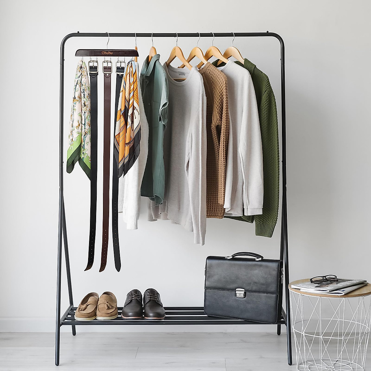 Belt Hanger Organizer for Closet: Ohuhu 16 Hooks Max 48 Belts Tie Rack Wooden Belt Holder for Storage 360 Degree Rotating Space Saver Organizer for Men Women Belt Tie Scarf Tank Top Accessories-Walnut