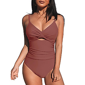 CUPSHE Women's One Piece Swimsuit Bathing Suits Twist Front Cutout Ruched Swimwear M Brick Red