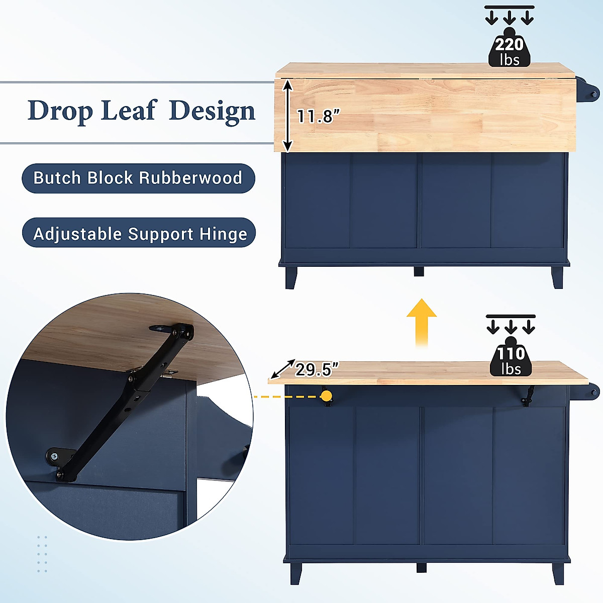 Merax Kitchen Island Set with 2 Stools, Solid Wood Dining Table with Drop Leaf Design, Storage Cabinet, Drawers and Towel Rack, Blue