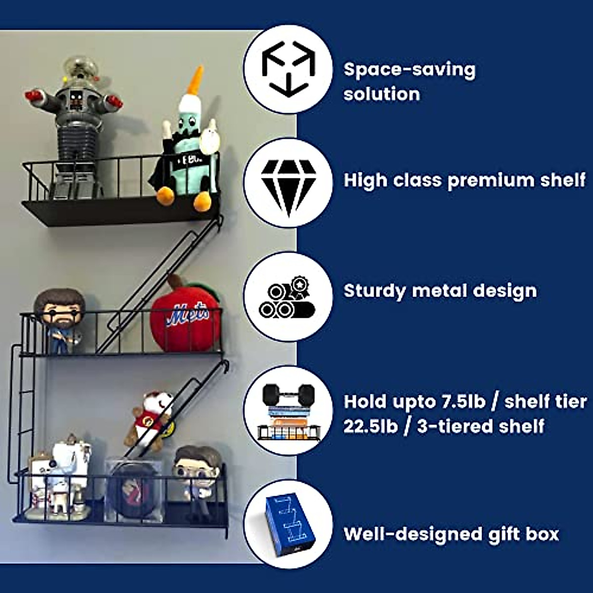 KOTIJOKI Fire Escape Wall Shelf - New York Metal Decorative Shelf with Screwdriver & Screws, Rustic Wall Shelves for Bedroom, Home Décor, Action Figure Display (3-Tier Black Floating Shelves)