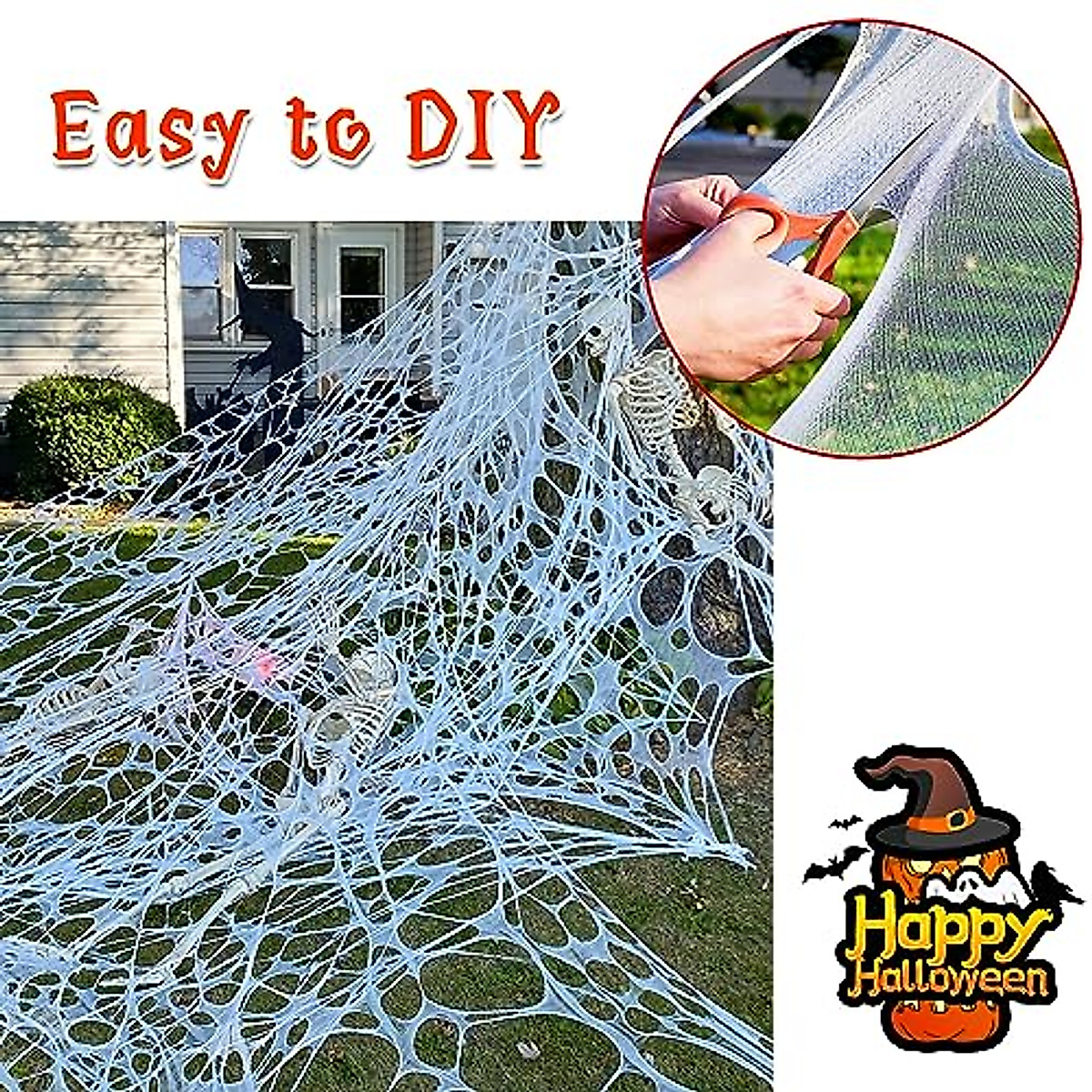 Daboot Halloween Giant Spider Web Decorations - 480sqft Halloween Gauze Spiders Web Decor Stretchy Cobwebs for Indoor Outdoor & Yard Creepy Decor (DIY- No Holes)