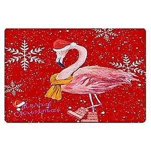 HVEST Christmas Flamingo Memory Foam Bath Mat, Flamingos in Santa Hat on The Red Background Non Slip Bath Rug Kitchen Mat Door Mat Washable Absorbent Bathroom Décor Rug, 16 X 24 Inches