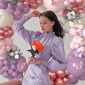 Dusty Lavender Purple Pink Balloon Arch Kit Lilac Sand White Rose Gold Balloons Garland With Artificial Flower and Eucalyptus Leaves Butterfly for Bridal Baby Shower Wedding Birthday Party Decorations