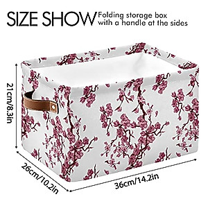 Pink Flowers White Storage Baskets Large Foldable Storage Bin Canvas Toys Box Fabric Decorative Collapsible Organizer Bag with Handles 2 Pcs