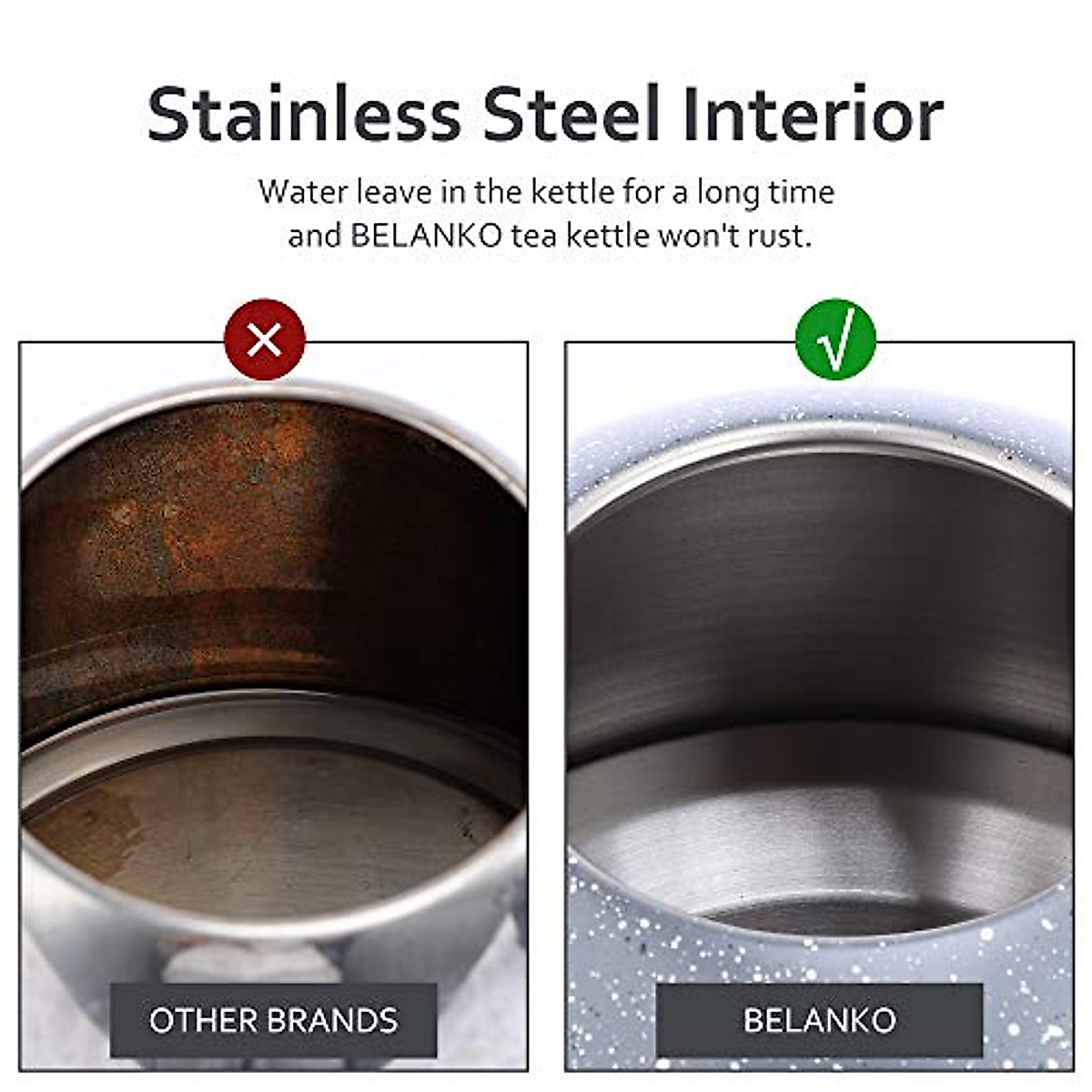 Tea Kettle, 2.3 Quart / 2.5 Liter BELANKO Stainless Steel Tea Kettles, Food Grade Stovetops Tea pot with Wood Pattern Handle Loud Whistling for Tea, Coffee, Milk etc, Gas Electric Applicable - Gray