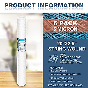 Membrane Solutions 5 Micron 2.5" OD x 20" Length Sediment Water Filter String Wound Polypropylene Cartridge for Whole House Filter Systems - 6 Pack