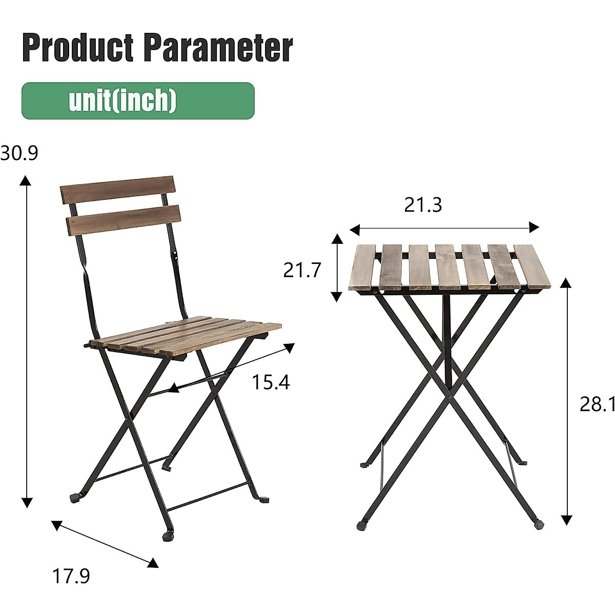 BLKMTY Patio Bistro Set 3-Piece Outdoor Patio Furniture Sets Folding Table and Chairs Wood Bistro Set Balcony Cafe Table Square Patio Table Chair for Porch, Garden, Backyard, Chestnut Brown