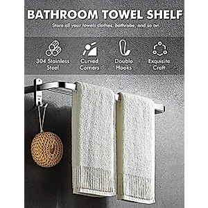 IKITCHEN Towel Racks for Bathroom, Stainless Steel Towel Holder Wall Mounted with 2 Hooks, Bathroom Shelf with Towel Bar 23Inch Polished Silver