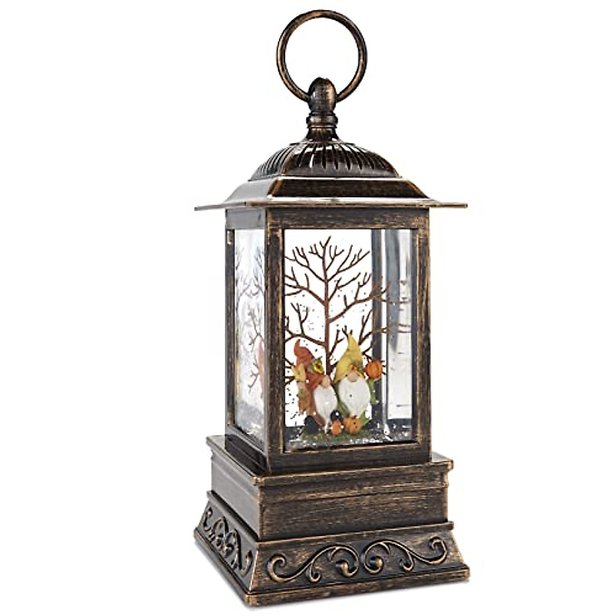 Lighted Harvest Lantern with Gnome Motif and Swirling Faux Snow