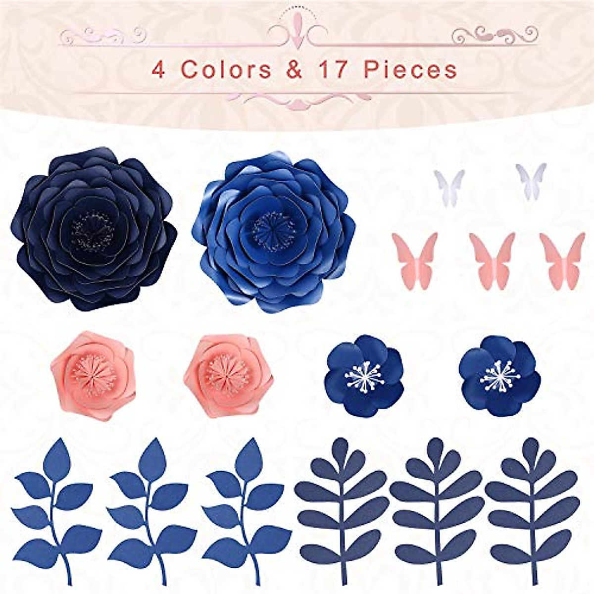 Fonder Mols Giant 3D Paper Flowers Decorations for Wall (Navy Blue & Pink, Set of 16), Baby Boy Shower, Nautical Wedding & Bridal Shower, Shark Birthday Party Photobooth Backdrop(NO DIY)