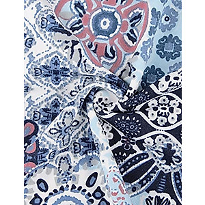 VALOLIA Women's 3/4 Sleeve Tunic Tops to wear with Leggings, Ladies Dress Shirts and Blouses for Work Long Sleeve Red Office Blouses Print V Neck Business Casual Flowy Fall Dressy Silk Elegant Blue