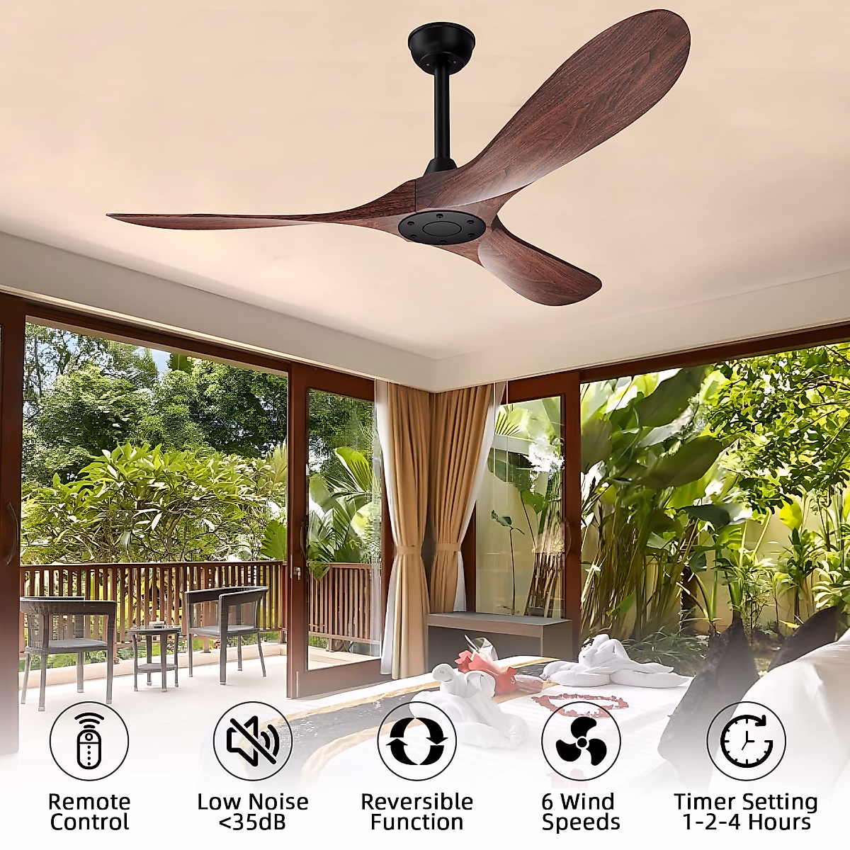 alescu Outdoor Ceiling Fan 52" with Remote Control,Modern Reversible DC Motor for Patio Bedroom Living Room Outdoor Ceiling Fans walnut finish