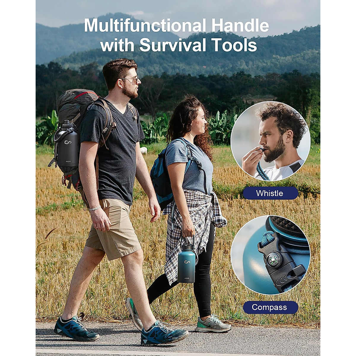 INSPI Insulated Water Bottle with Paracord Handle 64oz,Indigo Black