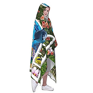 Hooded Blanket Underwater Dolphin With Flowers Window Flannel Wearable Throw Cape Robe Wrap Fleece Warm Air-Conditioning Quilt 60"X50"