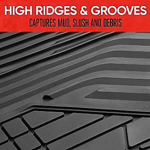 Motor Trend AdventureMax Car Floor Mats Full Set - Durable Rubber Floor Mats for Cars with Debris Capture Grooves, All Weather Interior Protection for Front and Rear with Non-Slip Backing, Black