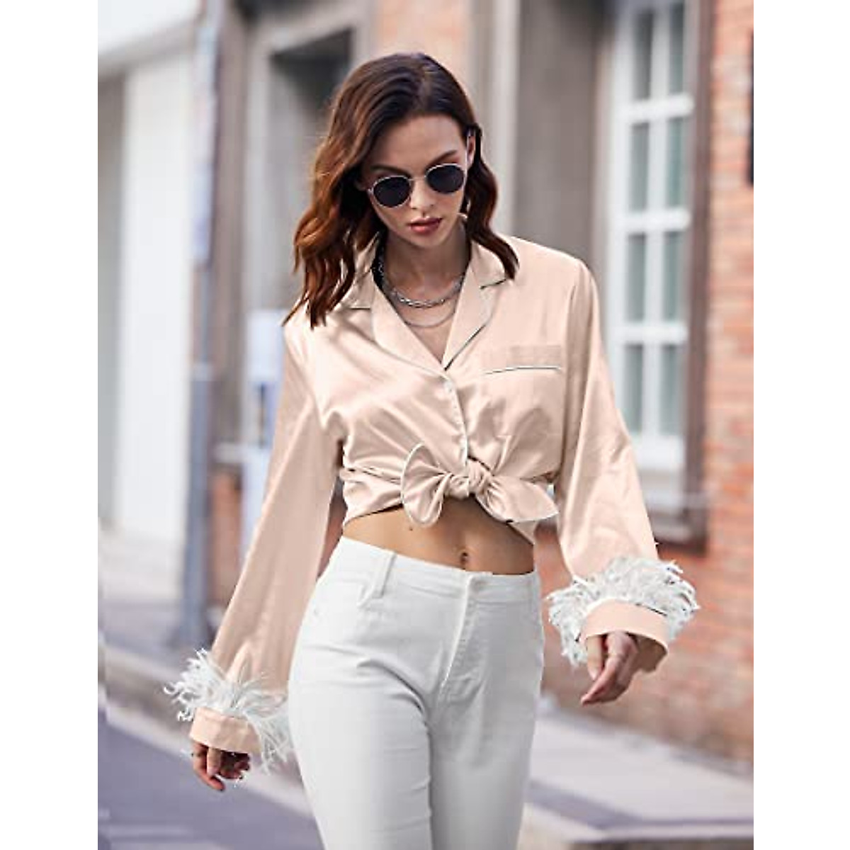 Ekouaer Women's Feather Trim Silk Satin Pajamas Set Long Sleeve Lounge Sets Comfy Long Sleeve Sleepwear Party Pjs Champagne L