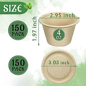 FUYCIEUM 150 Pieces Bagasse Fiber Souffle Cups with Lids, 4 Oz Biodegradable Sample Cups, Compostable Portion Cups for Condiment, Dips, Jams, Tomato Sauce, Snack, Honey, Nuts, Butter, Biscuits