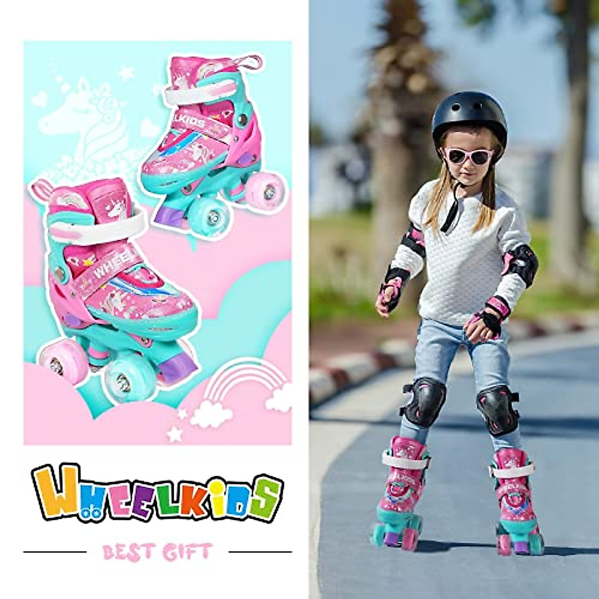 Wheelkids Roller Skates for Girls Ages 10-12, Pink Unicorn Adjustable Rollerskates Youth Beginners 4 Sizes with Light Up Wheels