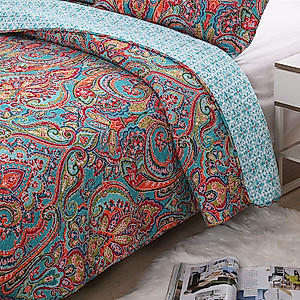 Newrara Jacquard Style Cotton 3 Pcs Patchwork Bedspread Boho Quilt Sets Queen Size（Red）